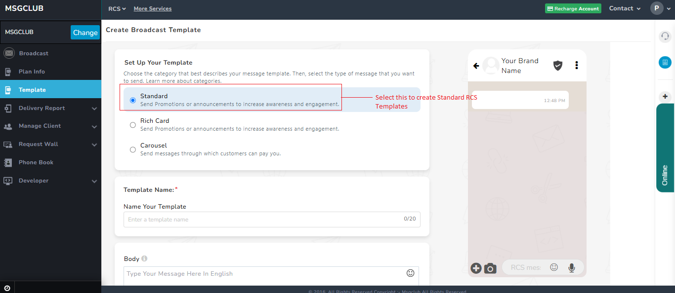 Create Standard RCS Template from MSGCLUB – Msgclub Documents