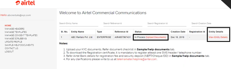 DLT Form Filling Process on Airtel DLT Portal – Msgclub Documents